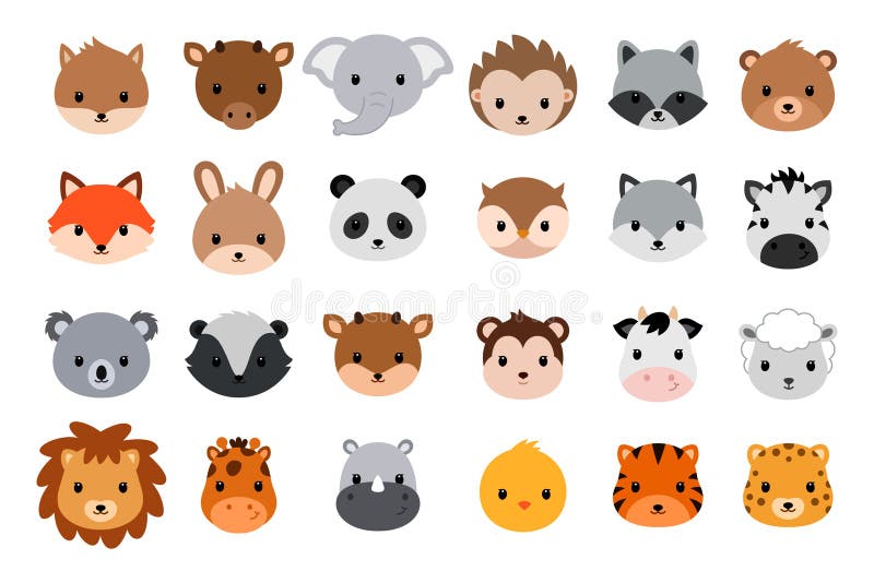 Cute Animal Heads Collection. Flat Style. Stock Vector - Illustration ...