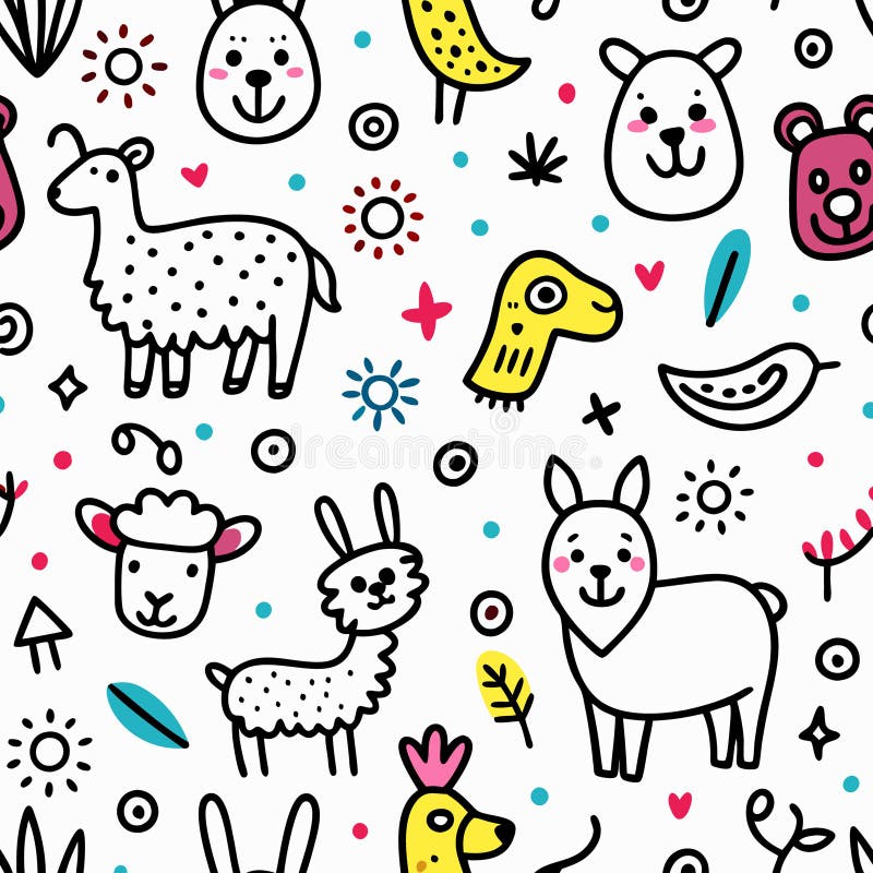 Cute Animal and Nature Pattern Stock Illustration - Illustration of ...