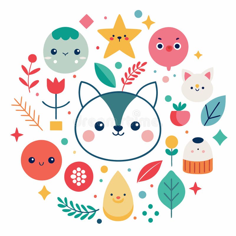 Cute Animal and Nature Themed Circular Design Stock Illustration ...