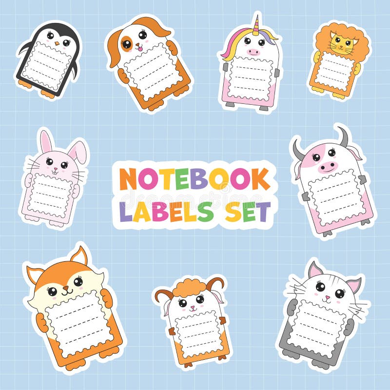 Cute Animal Notebook Label Set on Blue Checkered Stock Illustration ...