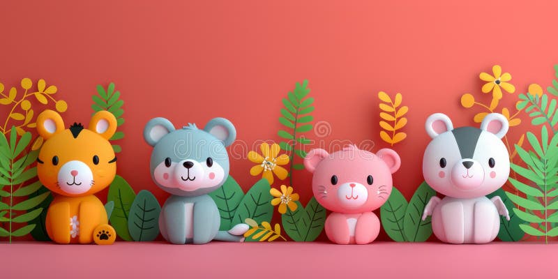 Cute Animal Paper Art Style on Colorful Background. Stock Illustration ...