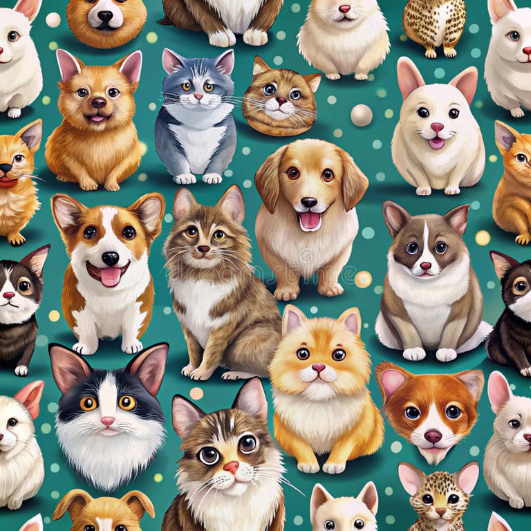 Cute Animal Pattern with Various Breeds of Dogs and Cats Stock ...
