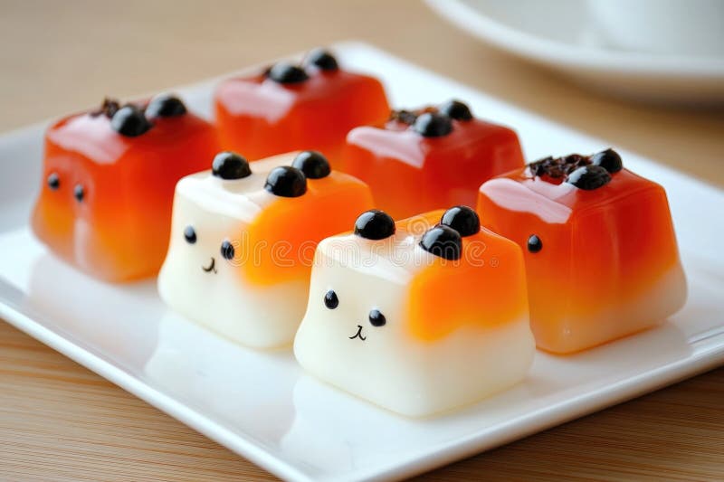 Cute Animal-shaped Jelly Desserts with Bear Faces on White Plate Stock ...