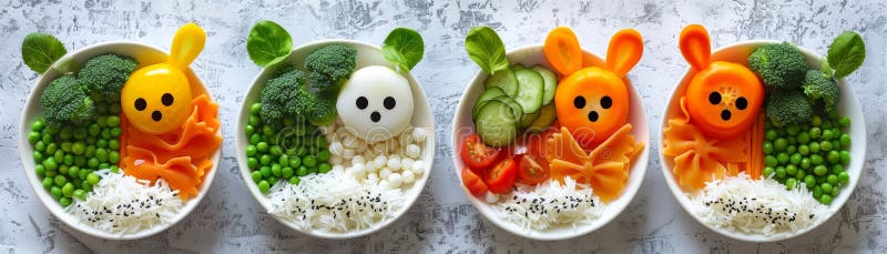 Cute Animal-shaped Rice Bowls with Vegetables Stock Illustration ...