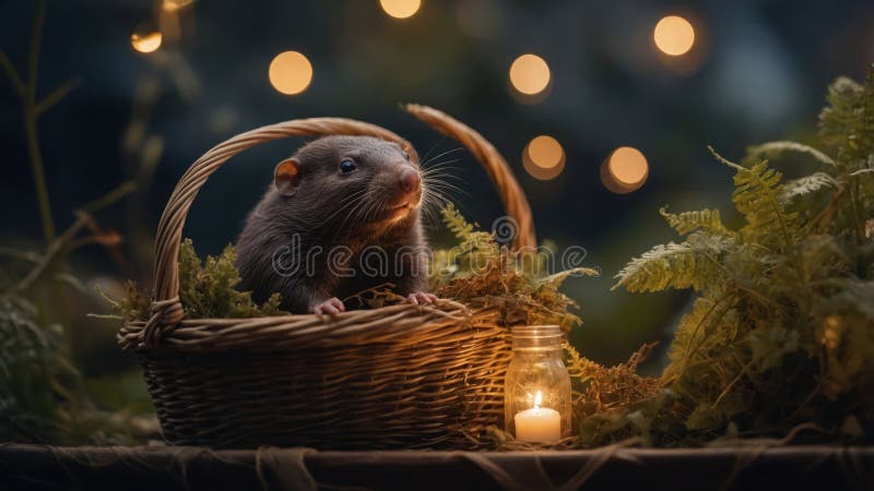 Charming Gambian Pouched Rat in a Basket with Fairy Lights Stock ...