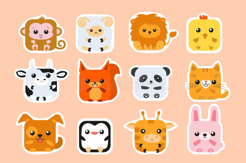 Cute Animal Square Face. Vector Flat Illustration Stock Vector ...