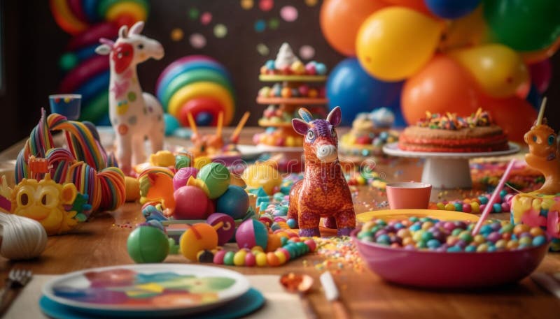 Cute Animal Toy on Vibrant, Multi Colored Dessert Table Brings Joy ...