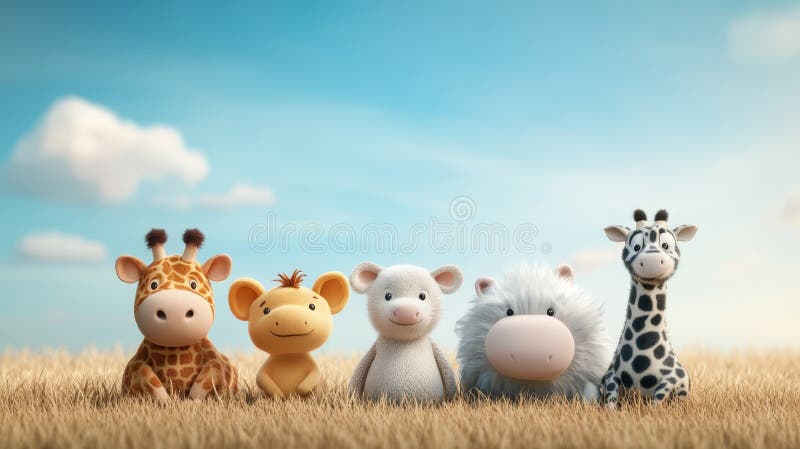 Cute Animal Toys Sitting in a Field Stock Illustration - Illustration ...