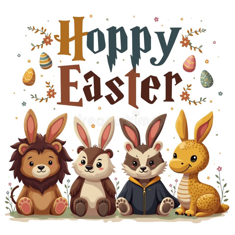 Cute Animals with Bunny Ears Sit Under the Festive Text Hoppy Easter Stock Photo - Illustration ...