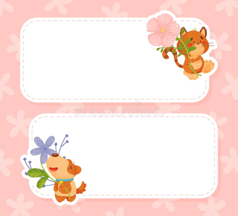 Cute Animals with Flower on Stalk Empty Note Card Vector Template Stock ...