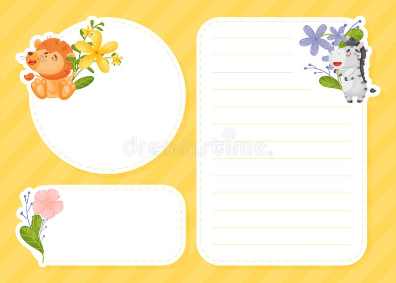 Cute Animals with Flowers on Stalk Empty Note Card Vector Template ...