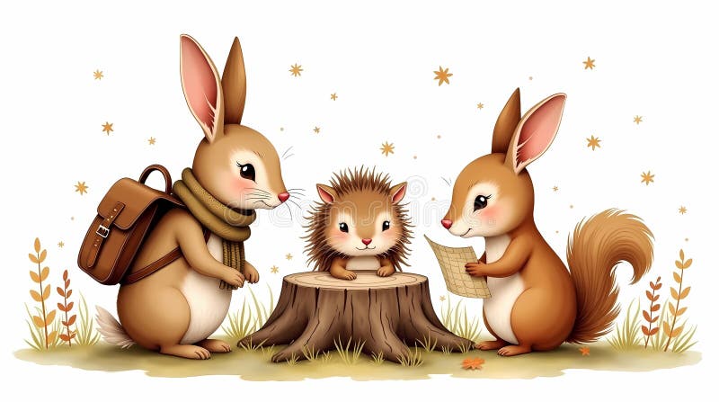 Cute Animals Gather Around a Stump To Read a Map in a Forest Setting ...