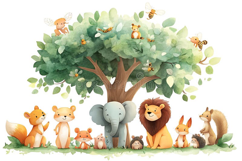 Cute Animals Gathered Under a Large Tree Stock Illustration ...