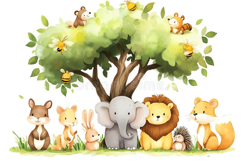 Cute Animals Gathered Under a Tree. (1 Stock Illustration ...