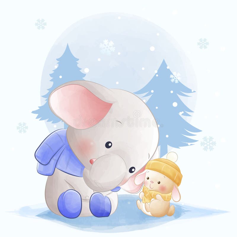 Cute Animals, Little Bunny and Elephant Playing in Snow Stock Vector ...