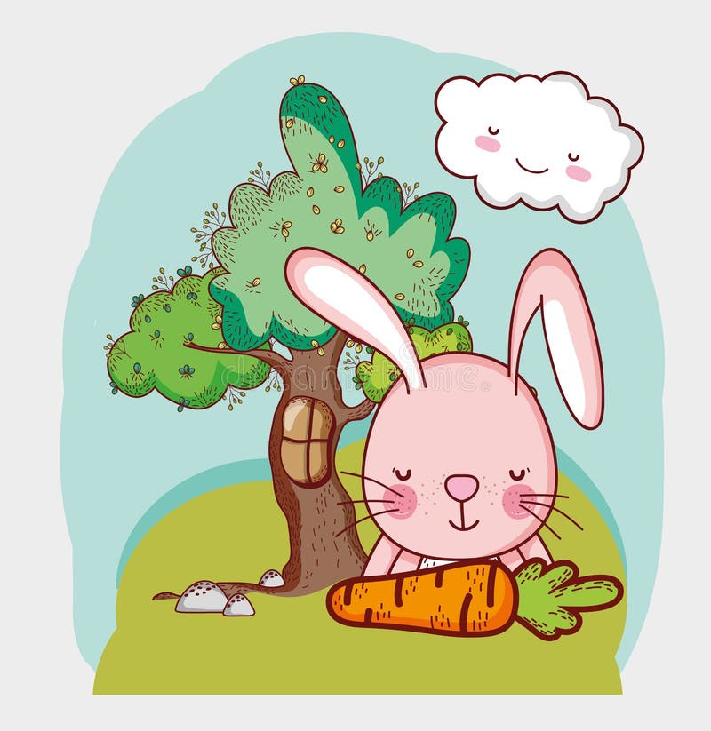 Cute Animals, Pink Rabbit with Carrot Tree Grass Cartoon Stock Vector ...