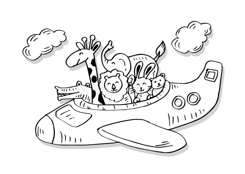 Cute Zoo Animals Vector Illustration, Line Art Hand Drawing Stock ...