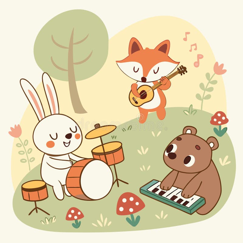 Cute Animals Playing Music in the Forest Stock Vector - Illustration of ...