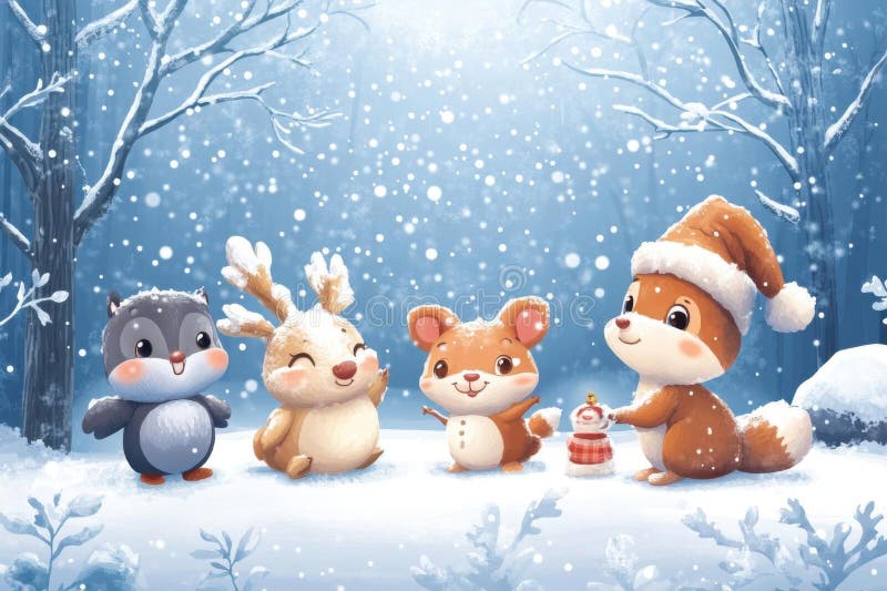 Cute Animals Playing in Snowy Winter Forest, Charming Winter Wonderland ...