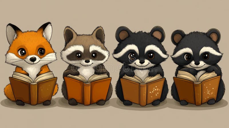 Cute animals reading books stock illustration. Illustration of adorable ...