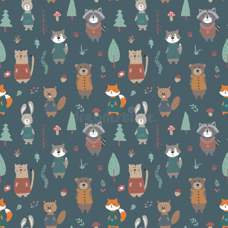Cute Animals Seamless Pattern, Cartoon Hand Drawn Animal Doodles Vector ...