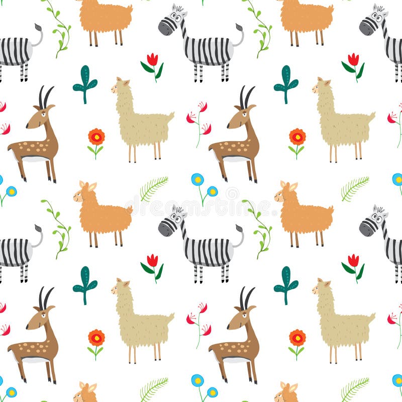 Cute Animals Seamless Pattern. Cartoon Animals and Plants Doodles Stock ...