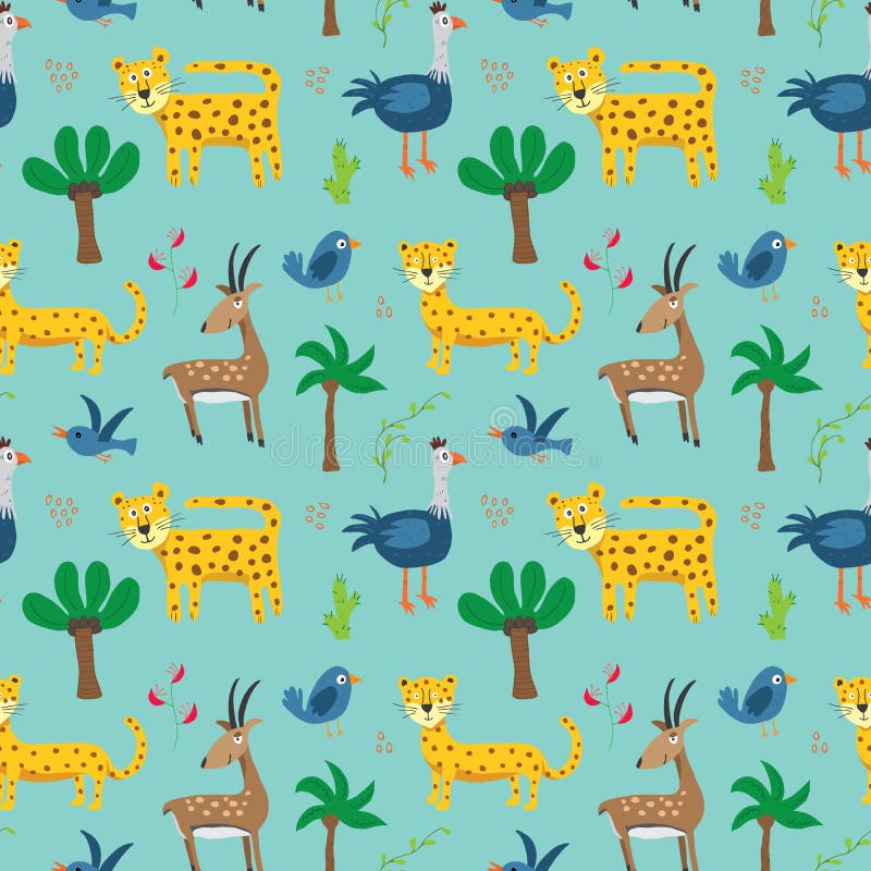 Cute Animals Seamless Pattern. Cartoon Animals and Tropical Plants ...