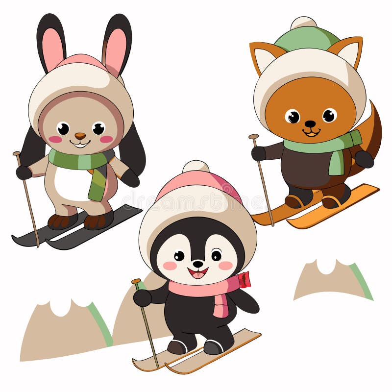 Cute Animals Skiing on Snow Stock Vector - Illustration of sport ...