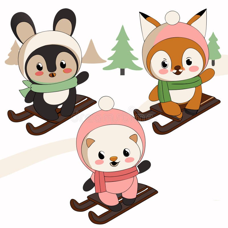 Cute Animals Sledding in Snowy Winter Landscape Stock Vector ...