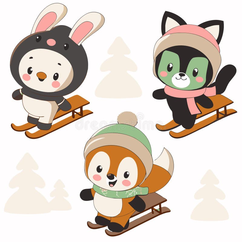 Cute Animals Sledding in Winter Snow Stock Vector - Illustration of ...
