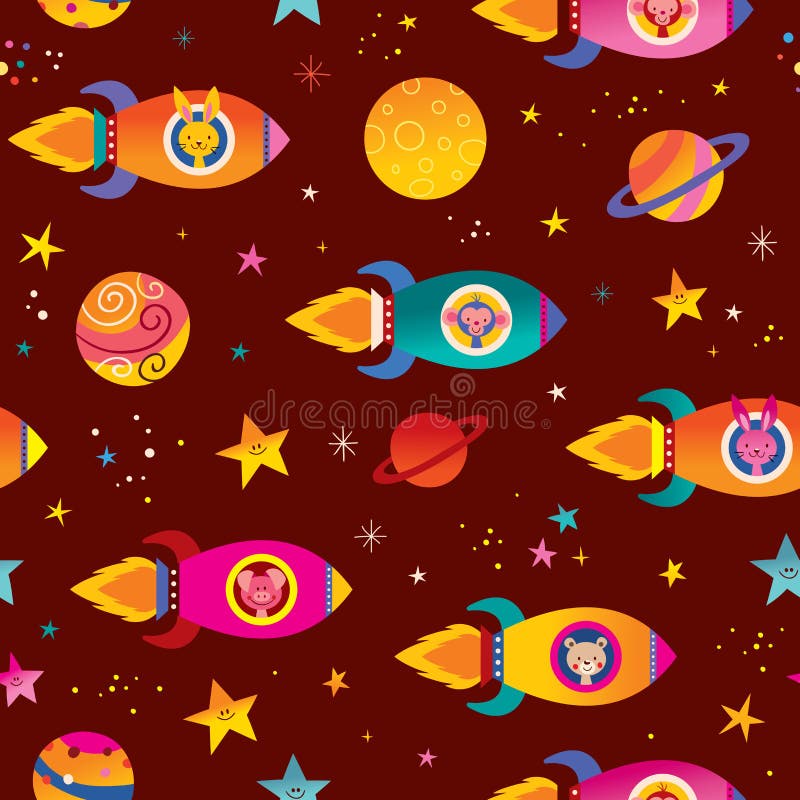 Cute Animals in Spaceships Kids Space Seamless Pattern Stock Vector ...
