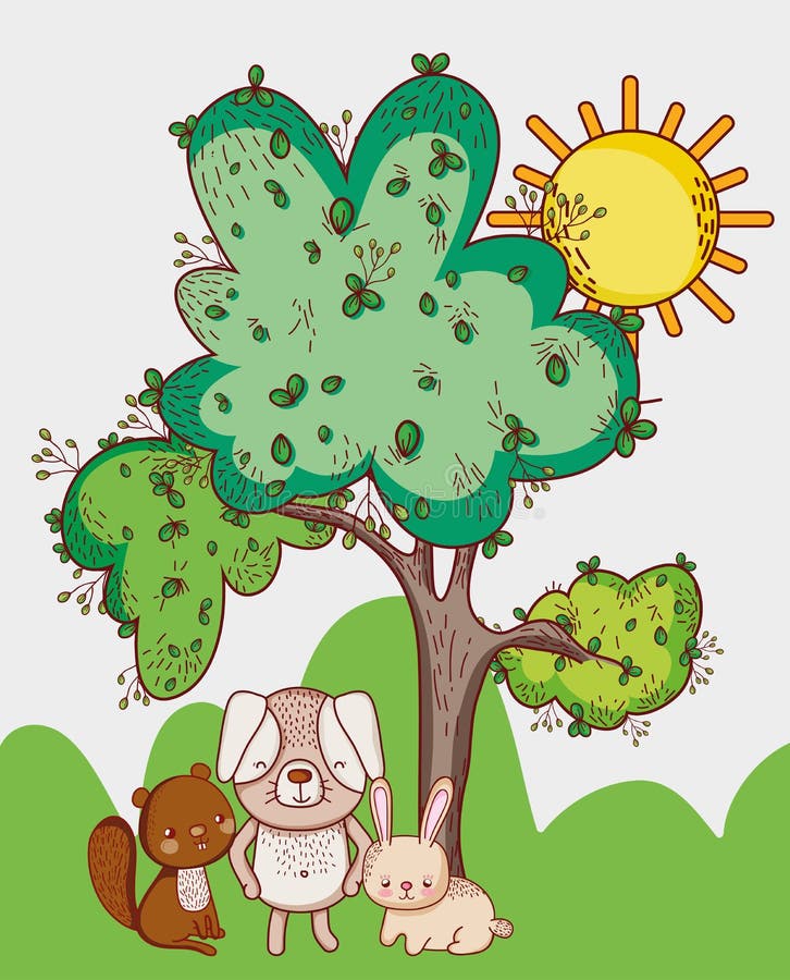 Cute Animals, Squirrel Rabbit and Grass Tree Sun Cartoon Stock Vector ...