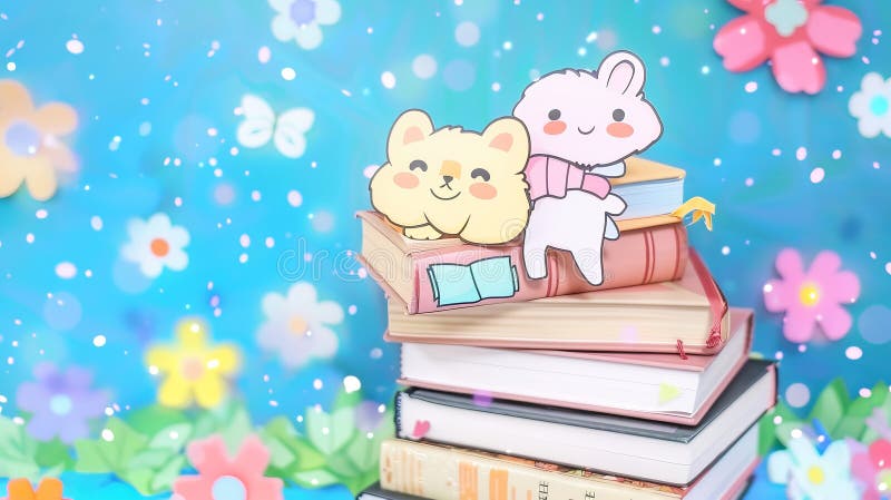 Cute Animals and Stacked Books in Whimsical Spring Scene Stock ...