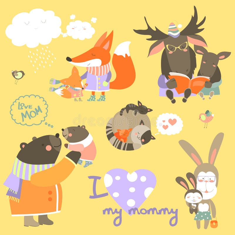 Cute Animals with Their Cubs Stock Vector - Illustration of book, cute ...