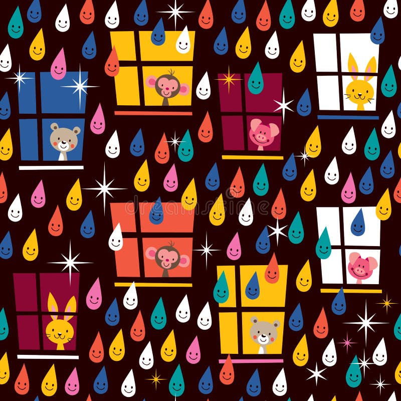 Cute Animals Watching Rain Pattern Stock Vector - Illustration of happy ...
