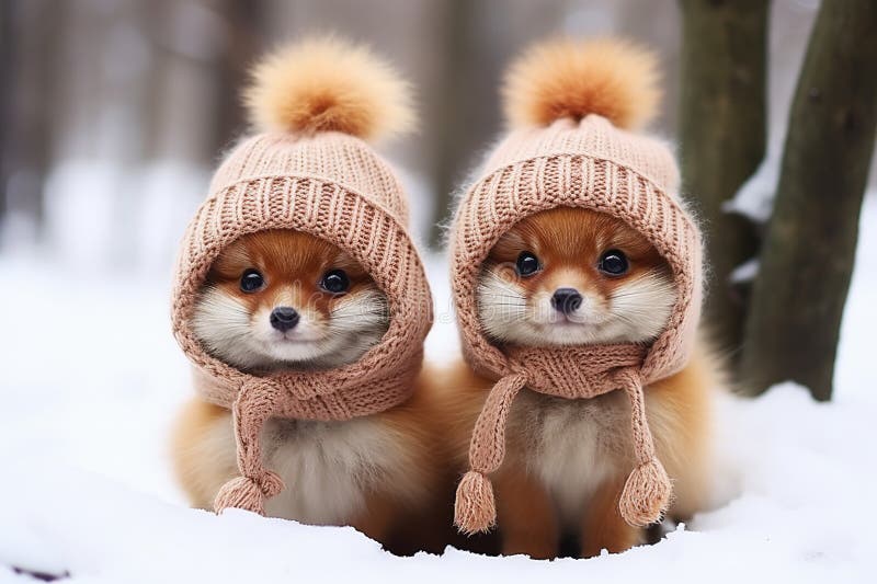 Cute Animals Wearing Winter Hats. Generative AI Stock Illustration ...