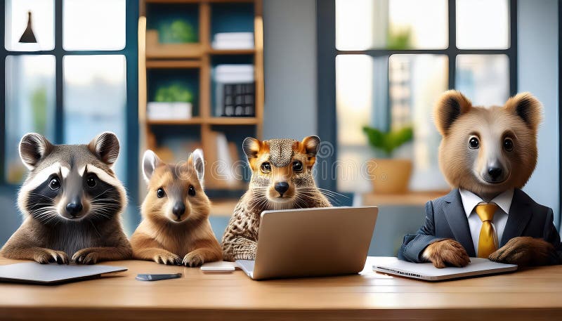 Cute Animals Working in an Office Environment with Laptops, Adding a ...