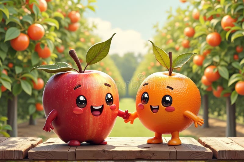 Cute Animated Apple and Orange Characters in Fruit Orchard Stock ...