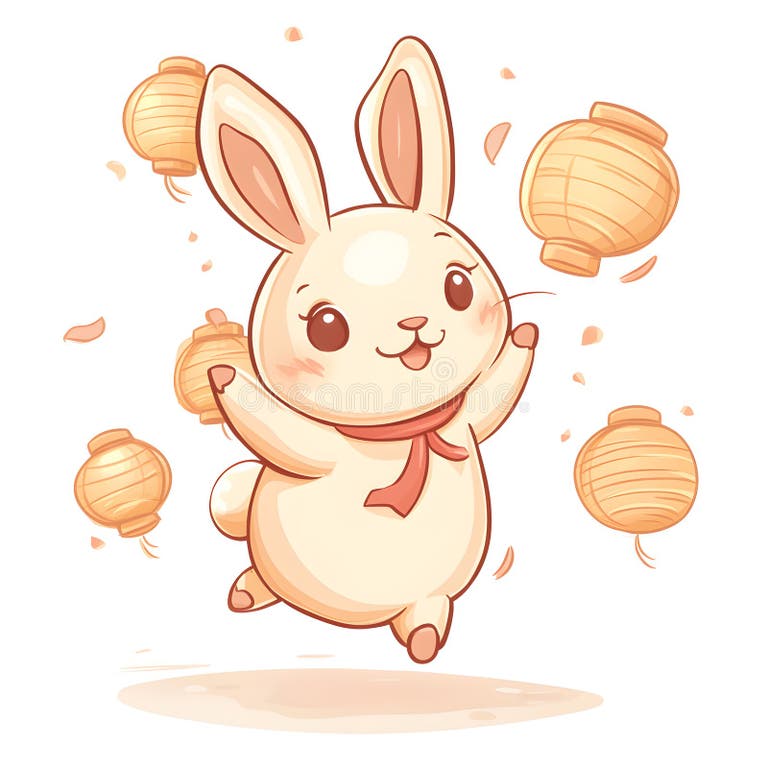 Cute Animated Bunny Celebrating with Lanterns. Stock Illustration ...