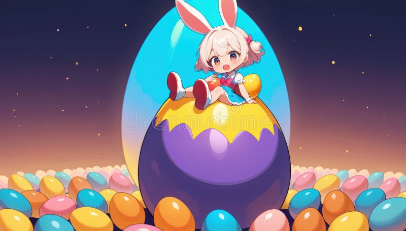 Cute Animated Character Sitting on Colorful Easter Egg Surrounded by ...