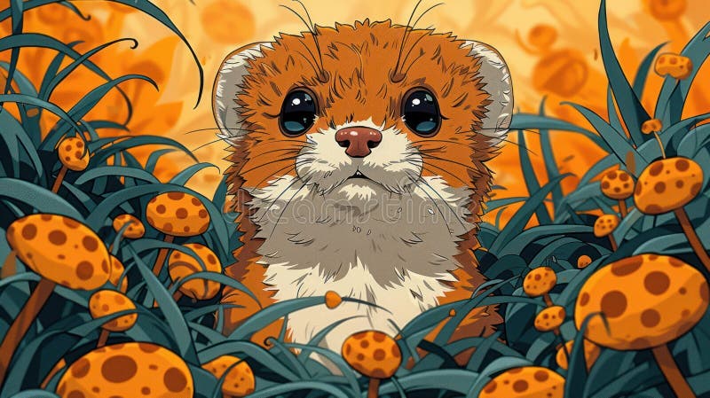 Adorable Stoat Hiding among Orange Mushrooms in Fantasy Grassland Stock ...