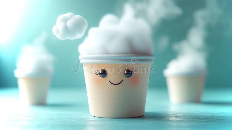 Cute Animated Cups with Steam and Smiling Faces in a Vibrant Turquoise ...