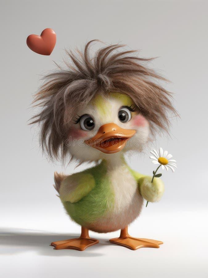 Cute Animated Duck with Daisy and Heart Symbol on White Background ...