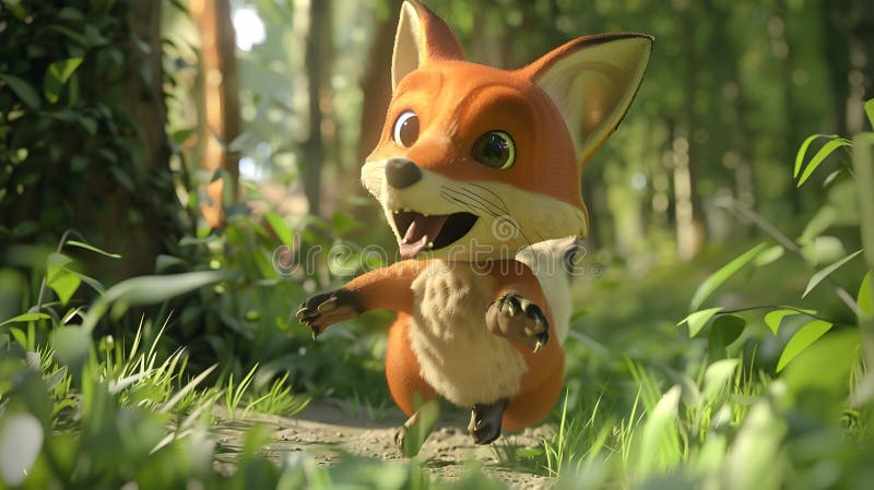 A Cute Animated Fox Running Playfully through a Lush Forest Stock ...