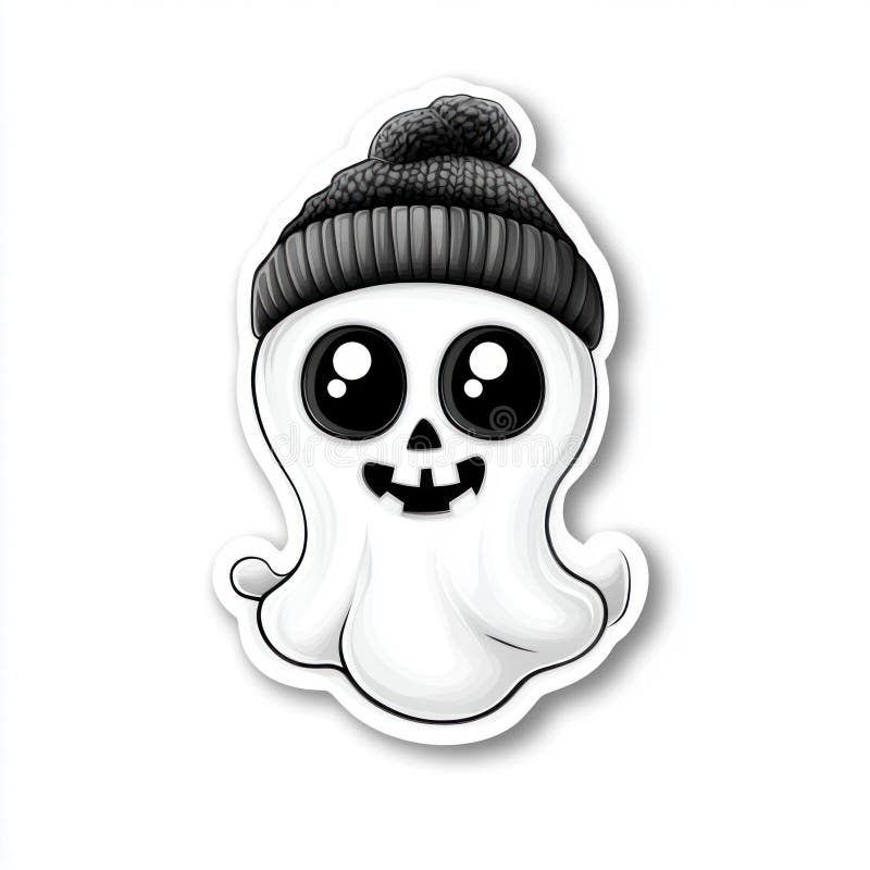 Cute Animated Ghost Sticker with Black Beanie Stock Illustration ...
