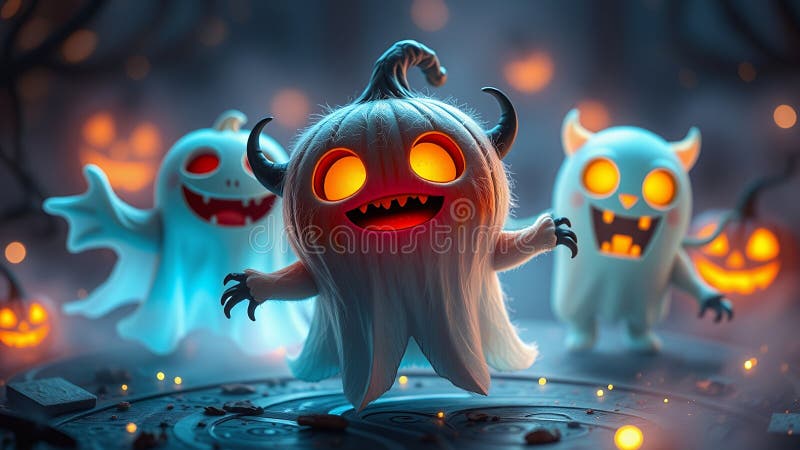Cute Animated Ghosts Celebrate Halloween among Jackolanterns Stock ...