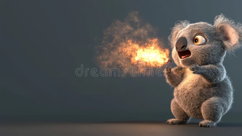 A Cute Animated Koala with Fluffy Fur Creating a Playful Fire Effect ...