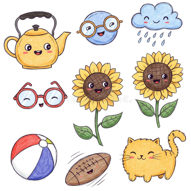 Cute, Animated Objects and Characters with Smiling Faces: a Yellow ...
