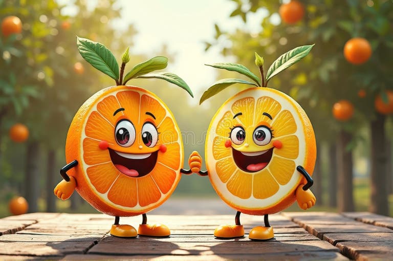 Cute Animated Oranges Smiling in Sunny Orchard Setting Stock ...