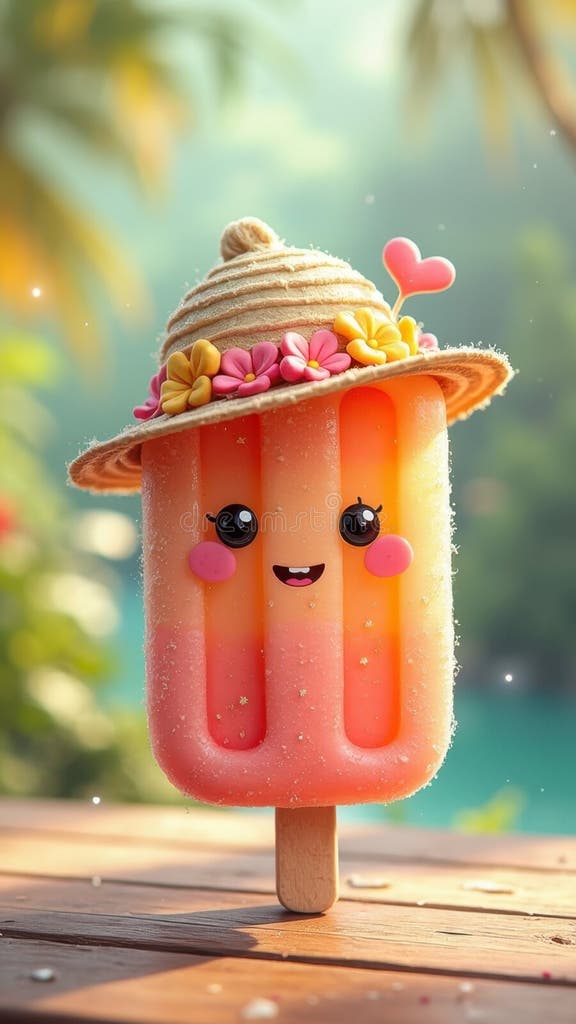 Cute Animated Popsicle with Hat in Tropical Setting Stock Image - Image ...